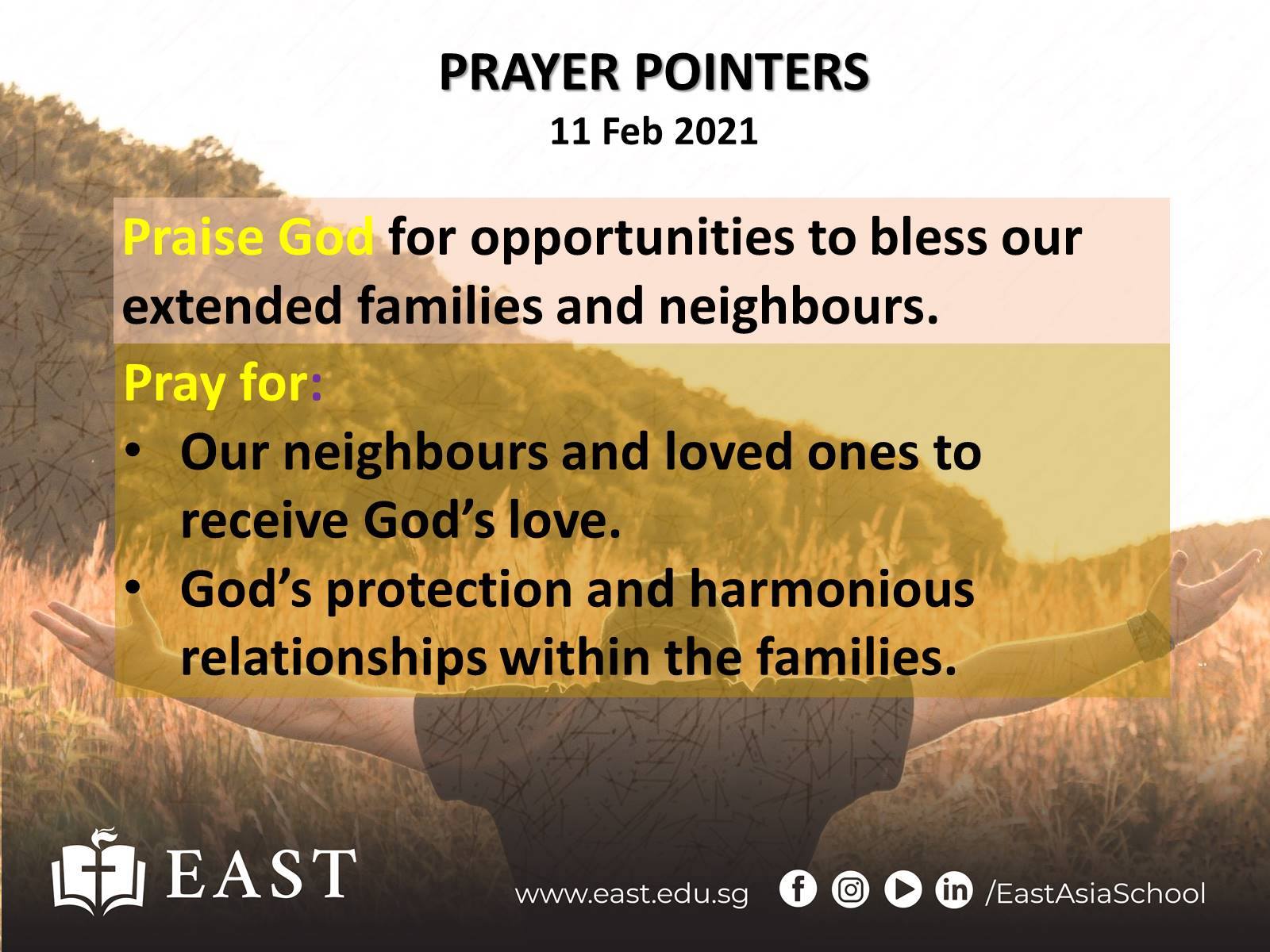 Prayer Pointers – 11 Feb 2021 : East Asia School of Theology