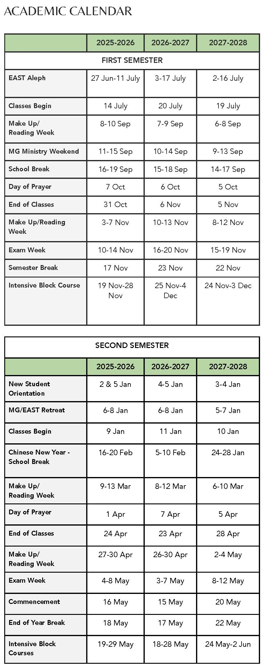 Academic Calendar : East Asia School of Theology